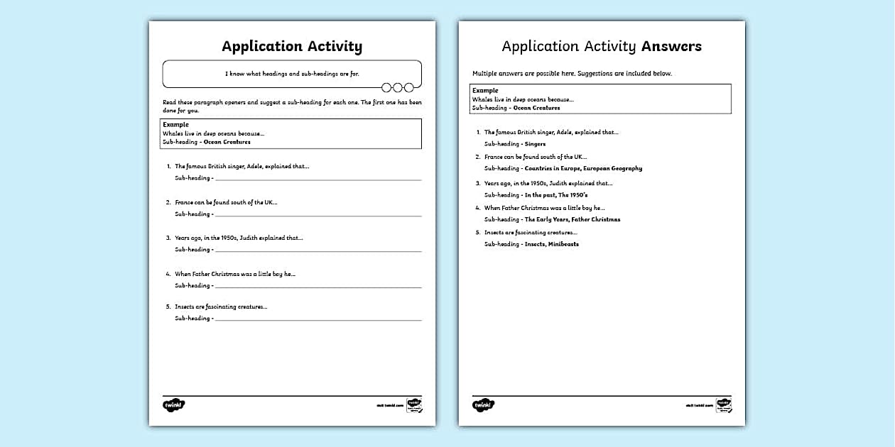 Headings and Sub Headings Application Worksheet / Worksheet
