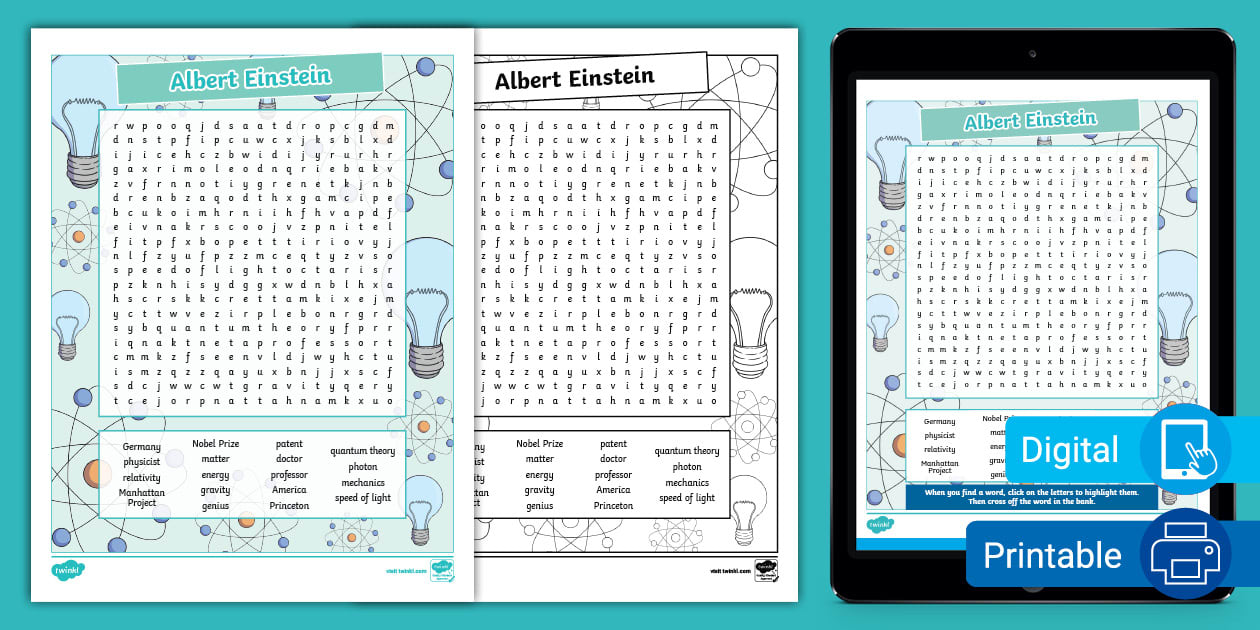 Einstein Word Search for 6th-8th Grade (teacher made)