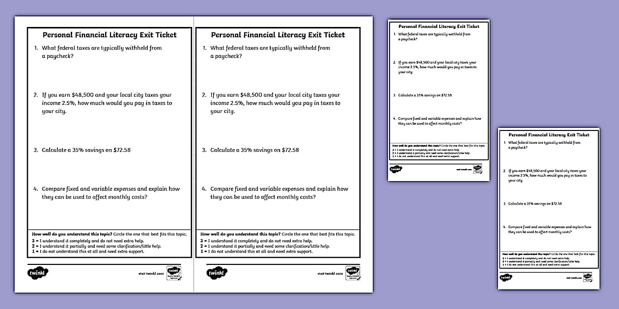 Seventh Grade Personal Financial Literacy Exit Ticket