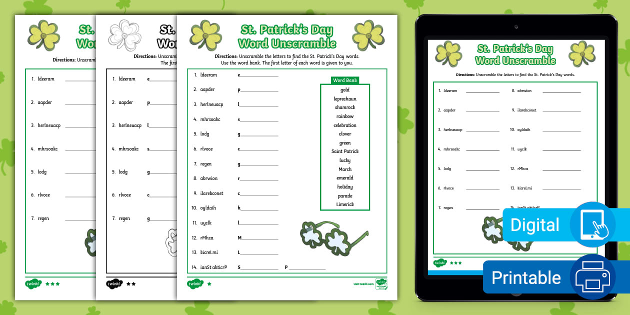 St. Patrick’s Day Differentiated Word Unscramble for 6th-8th