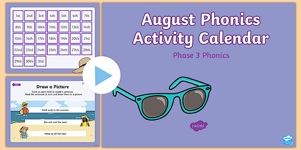 Phase 3 August Phonics Activity Calendar PowerPoint - Twinkl