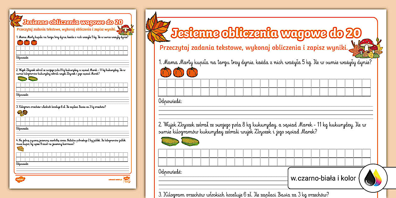 Jesień | Zadania tekstowe | Obliczenia wagi do 20 kilogram