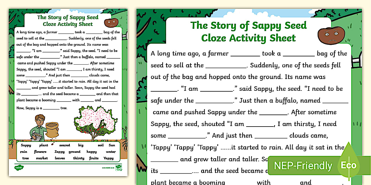 The Story of Sappy Seed Cloze Activity Sheet (teacher made)