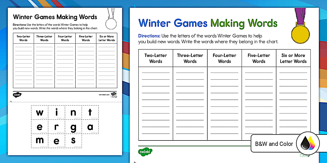 Winter Games Making Words Worksheet for K-2nd Grade - Twinkl