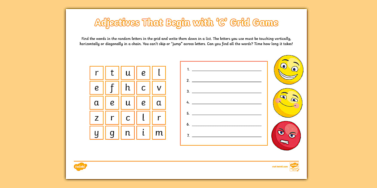 Adjectives That Begin with C to Describe a Person Word Grid Game