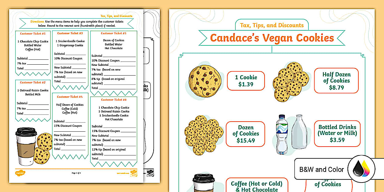 Seventh Grade Tax, Tips, and Discount Worksheet - Twinkl