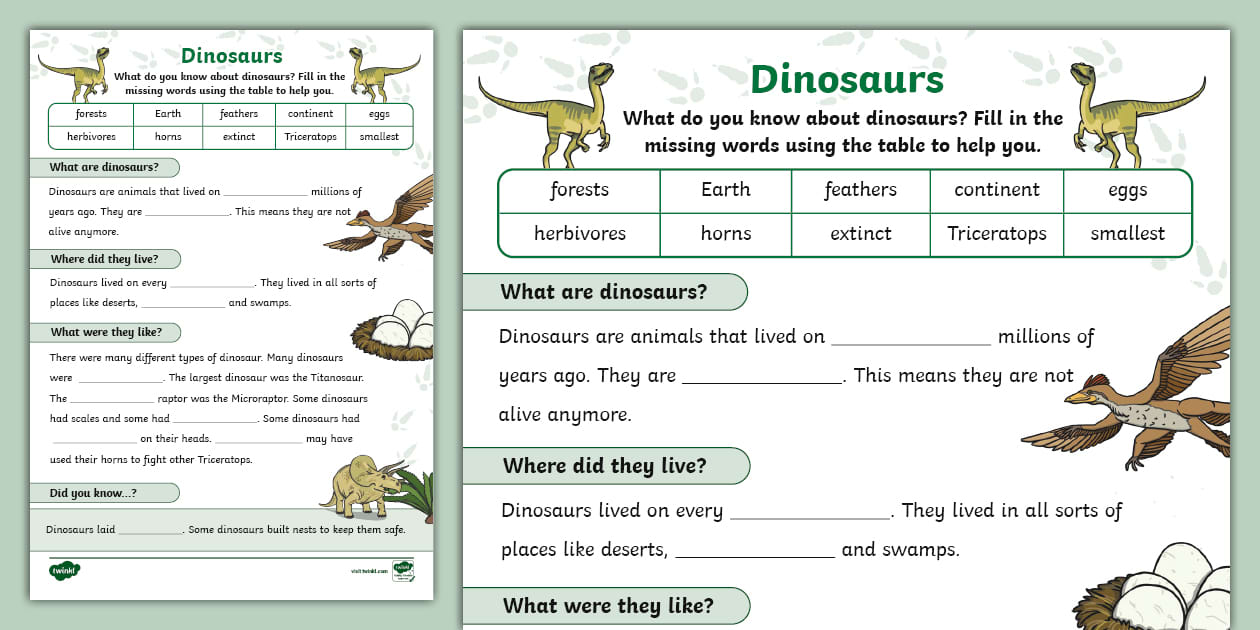 Dinosaur Cloze Worksheet - Twinkl - KS1 (teacher made)