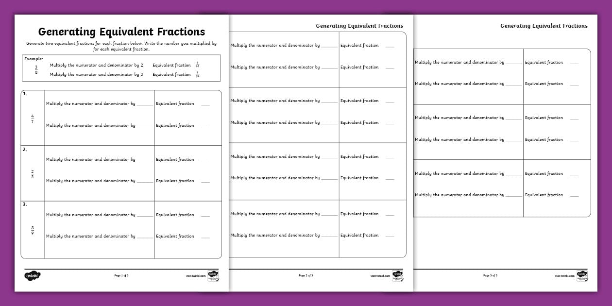 Fourth Grade Generating Equivalent Fractions Worksheet Sheet