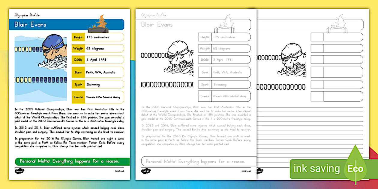 TAS Australian Rio Olympian Blair Evans Handwriting Practice Worksheets