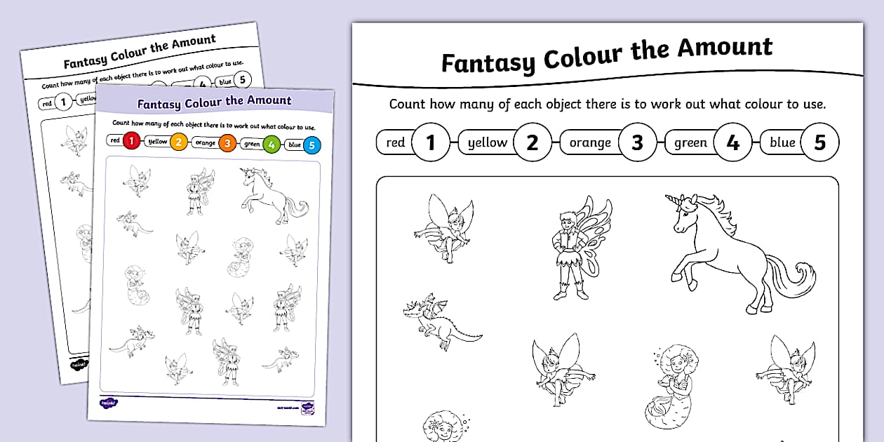 👉 Fantasy Colour the Amount Worksheet (teacher made)