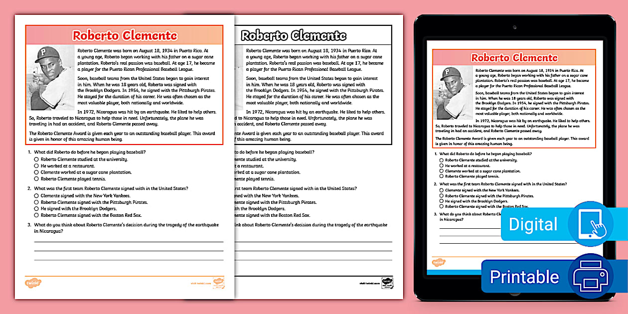 Fourth Grade Roberto Clemente Reading Passage Comprehension