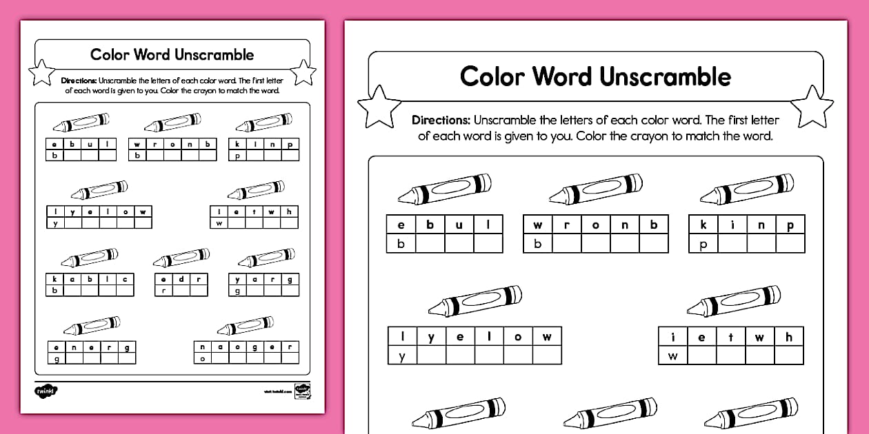 Second Grade Color Word Unscramble Worksheet - Twinkl
