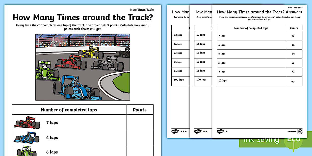 Higher Ability How Many Times around the Track 9 Times Table Worksheet