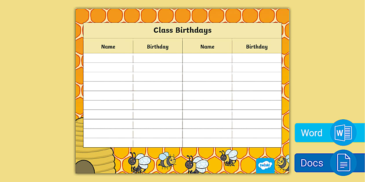 Printable Bee Class Birthday Chart Resource | Twinkl USA