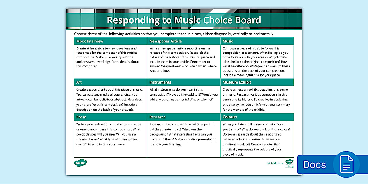 Responding to Music Choice Board (Year 7-8) (teacher made)