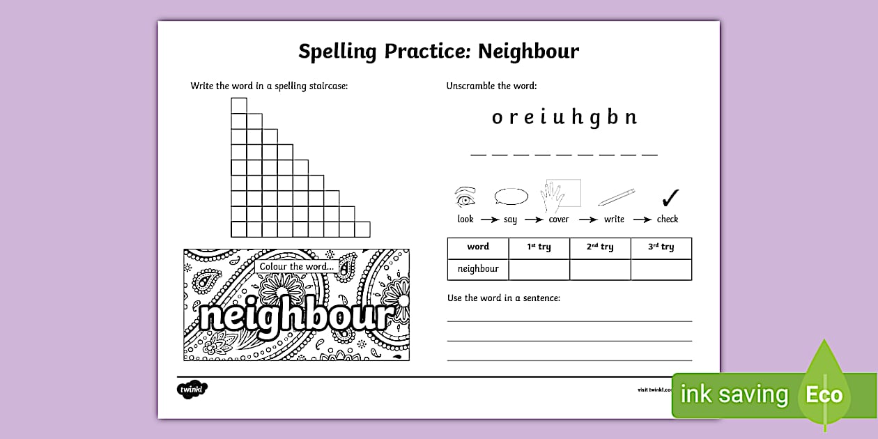 Neighbour Spelling Practice Worksheet (teacher made)