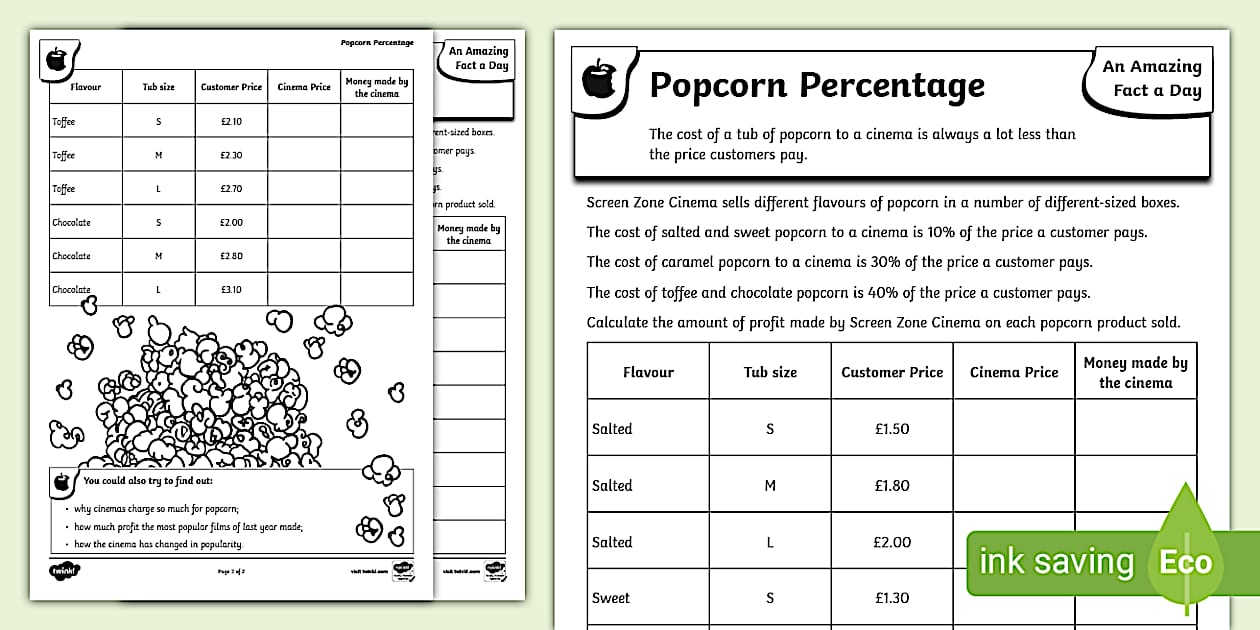 Editable Popcorn Percentage Worksheet (teacher made)