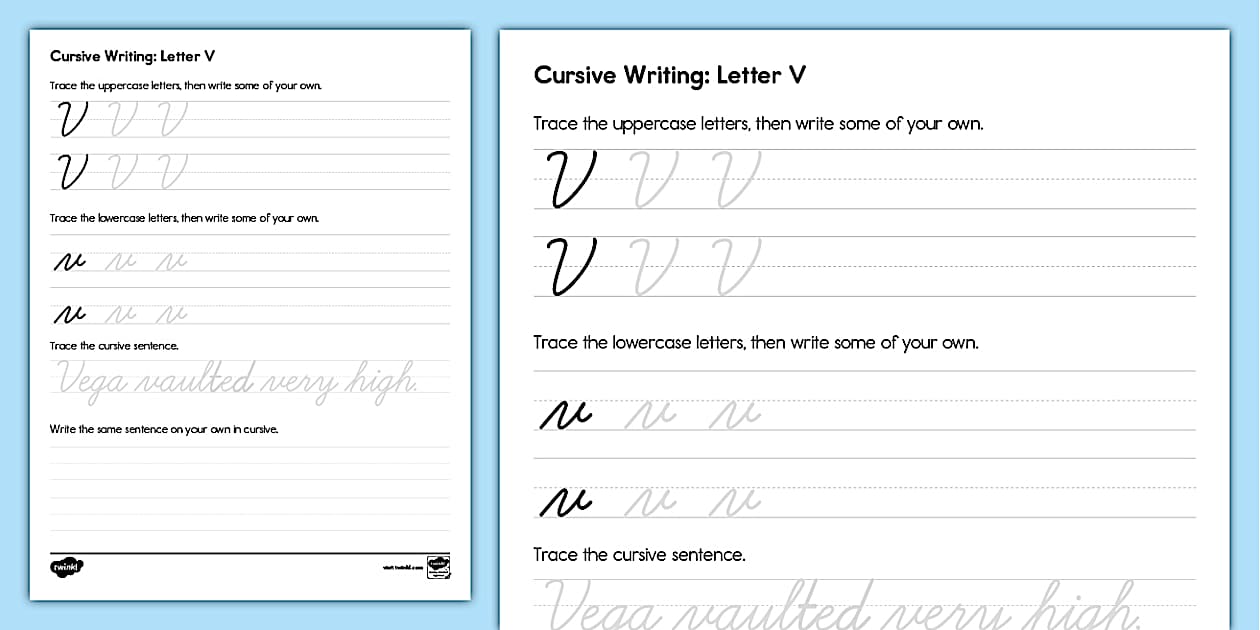 Cursive Letter Writing: Letter V Worksheet (teacher made)