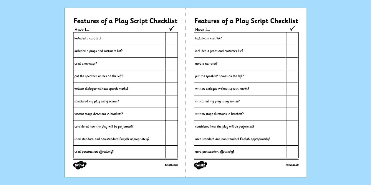 Planning A Playscript - Playscript Writing Checklist KS2