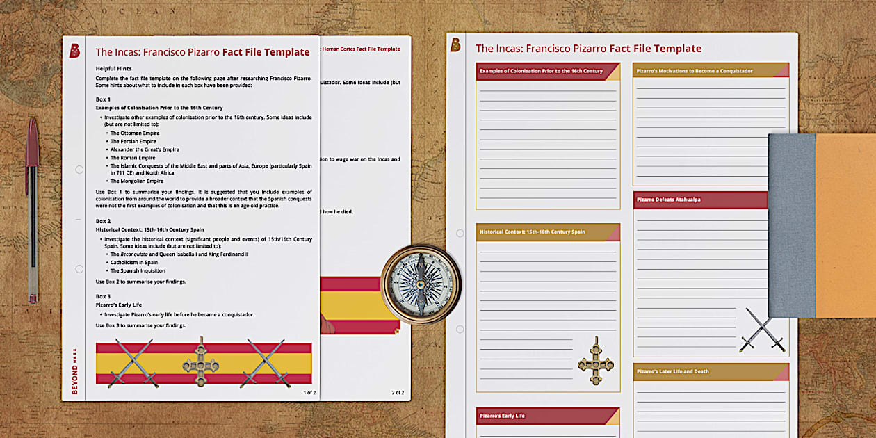 The Incas: Francisco Pizarro Fact File Template - Twinkl