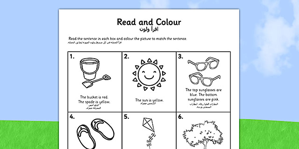 Summer Read and Colour Worksheet / Worksheet Arabic Translation