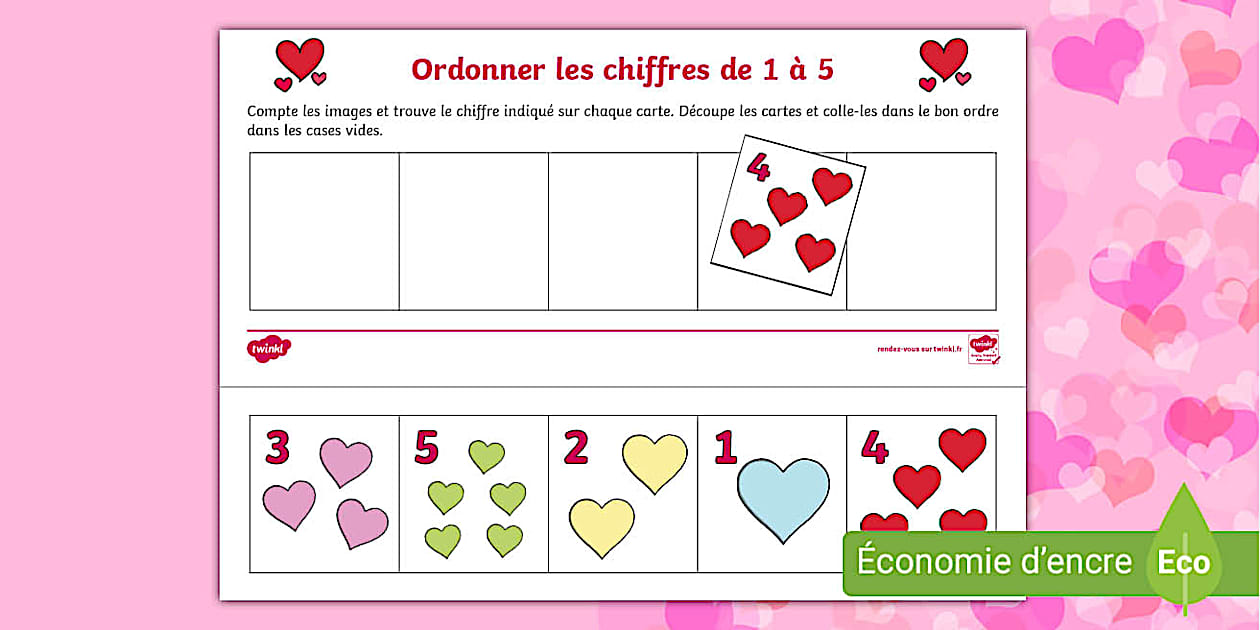 Ordonner les chiffres de 1 à 5 sur le thème de la Saint Valentin