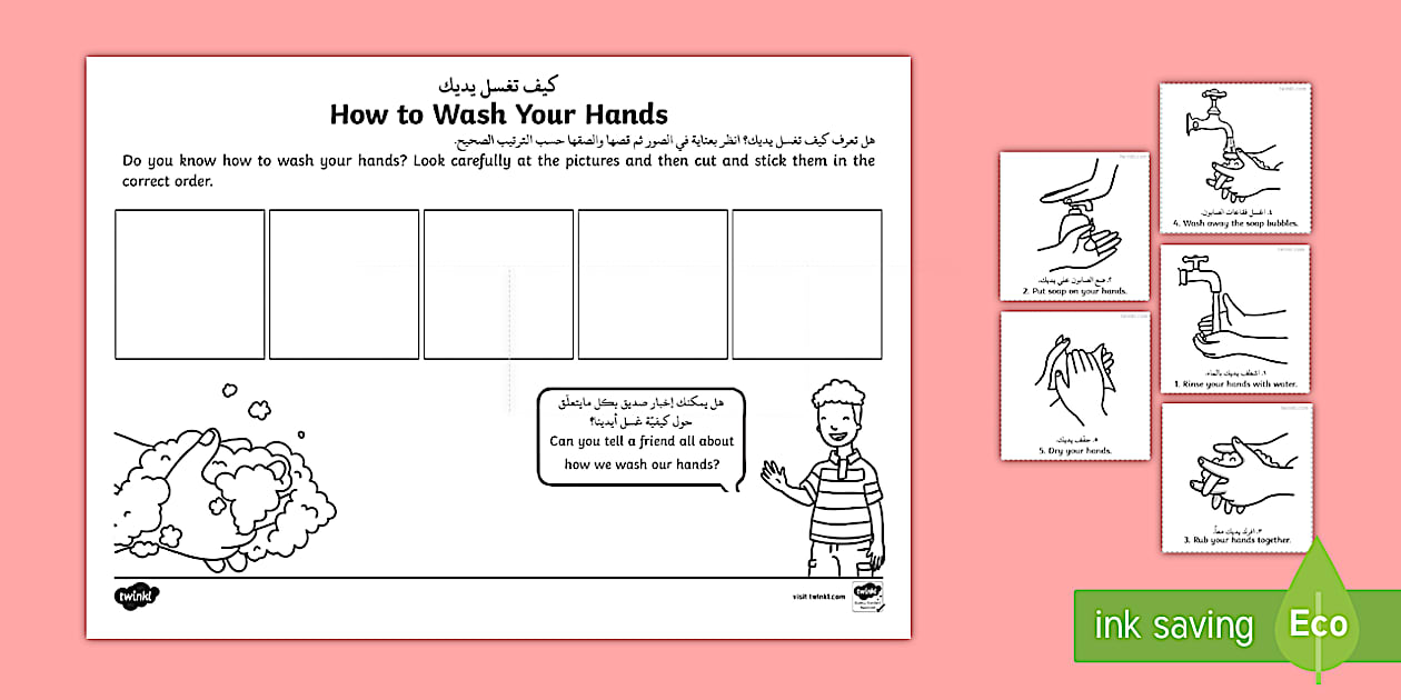 EYFS Washing Your Hands Sequencing Worksheet Arabic/English