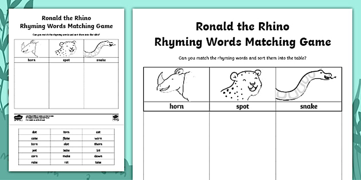 Ronald the Rhino Rhyme Matching Activity (teacher made)