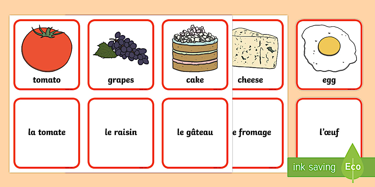 French Food Vocabulary Flashcards - Matching Cards Activity