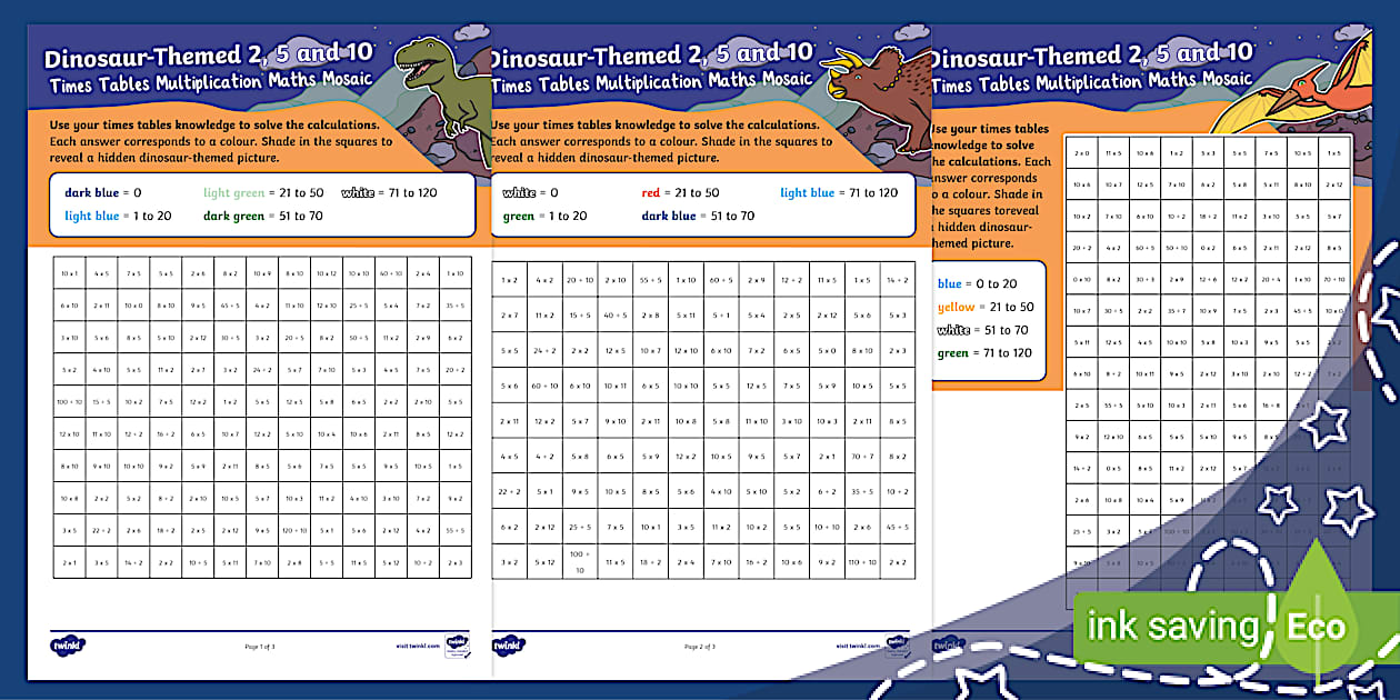 Dinosaur-Themed 2, 5 and 10 Times Tables Colour by Multiplication