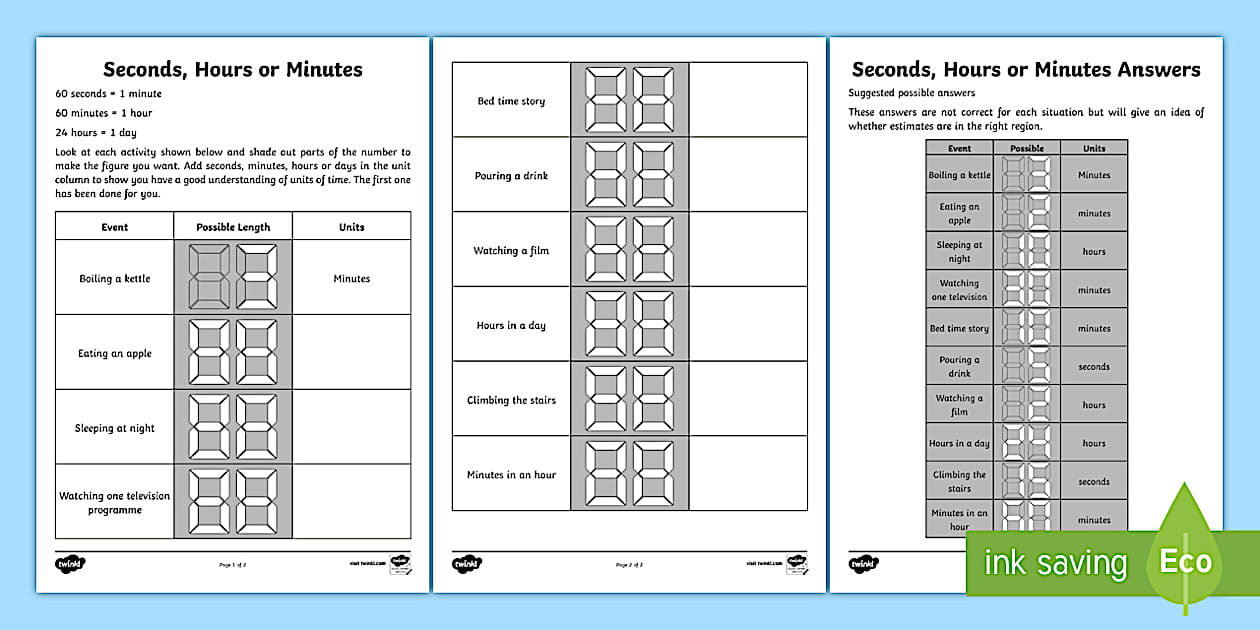 Seconds, Minutes and Hours Worksheet / Worksheet - Twinkl