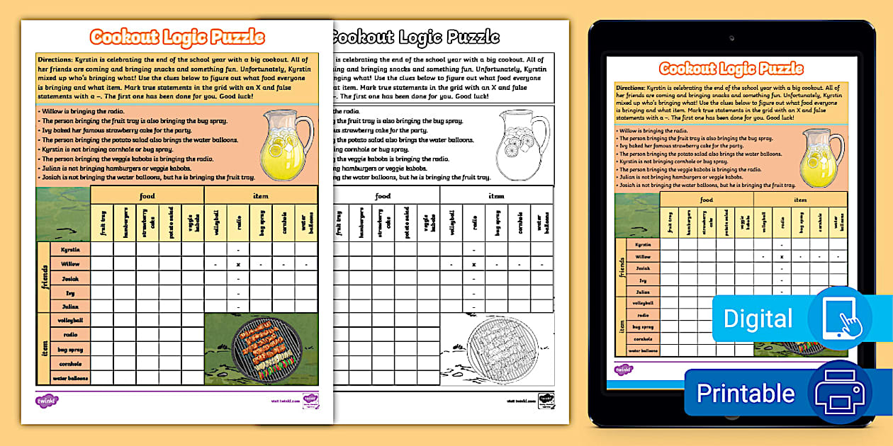 Cookout Logic Puzzle for 3rd-5th Grade (teacher made)