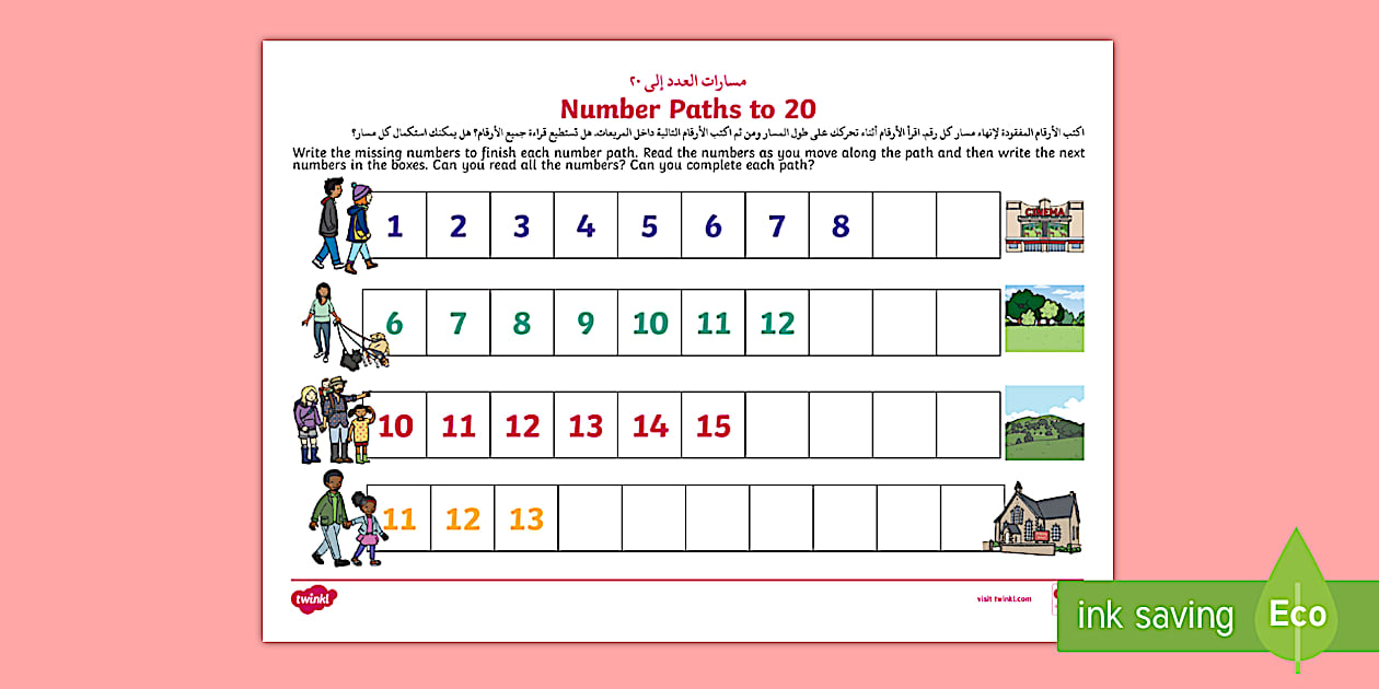 Complete the Number Paths to 20 Worksheet Worksheet - Arabic/English