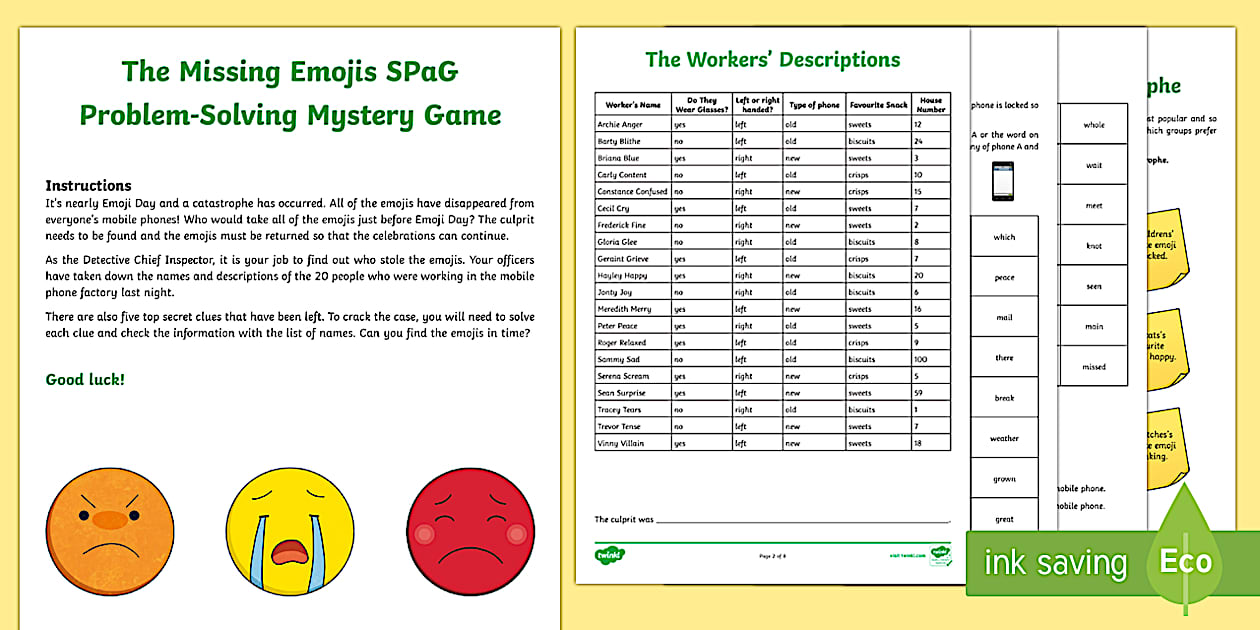 😊 LKS2 The Missing Emojis SPaG Problem-Solving Mystery Game