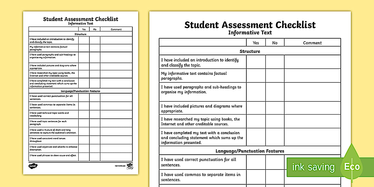 Informative Text: Student Assessment Checklist - Twinkl