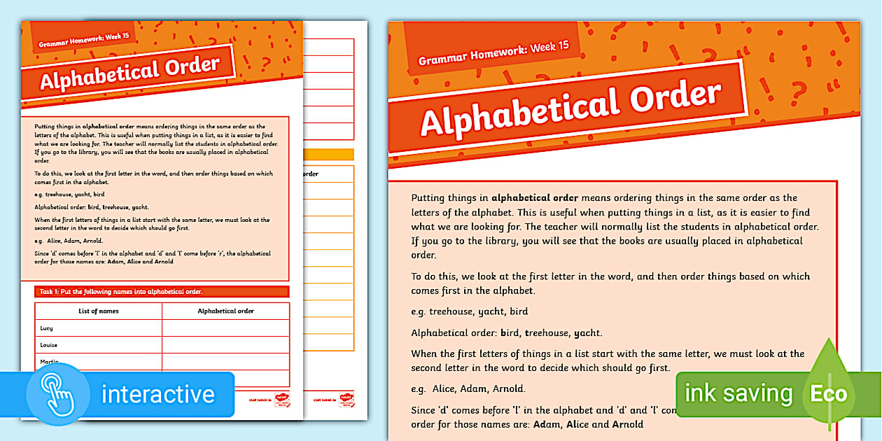 Grammar Homework Week 15 Alphabetical Order 3rd/4th Class