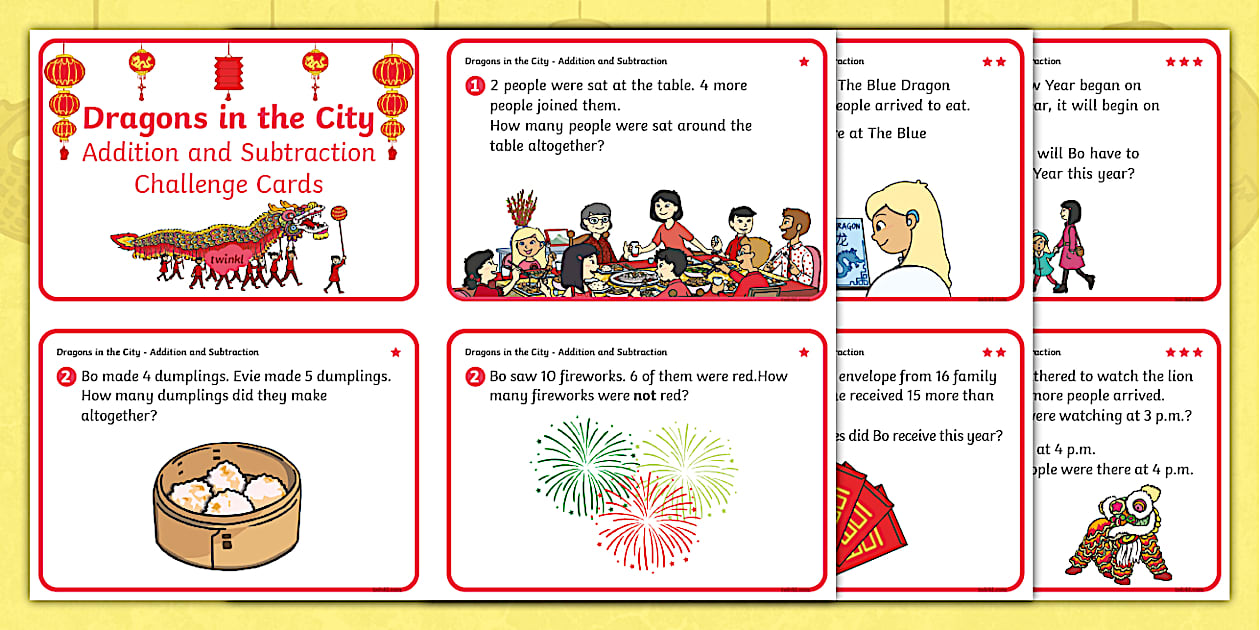 Dragons in the City Addition and Subtraction Challenge Cards