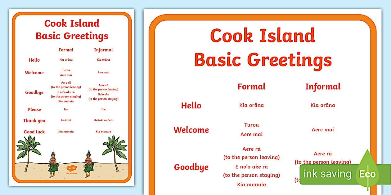 Cook Islands Basic Greetings A4 Display Poster Te Reo Māori/English