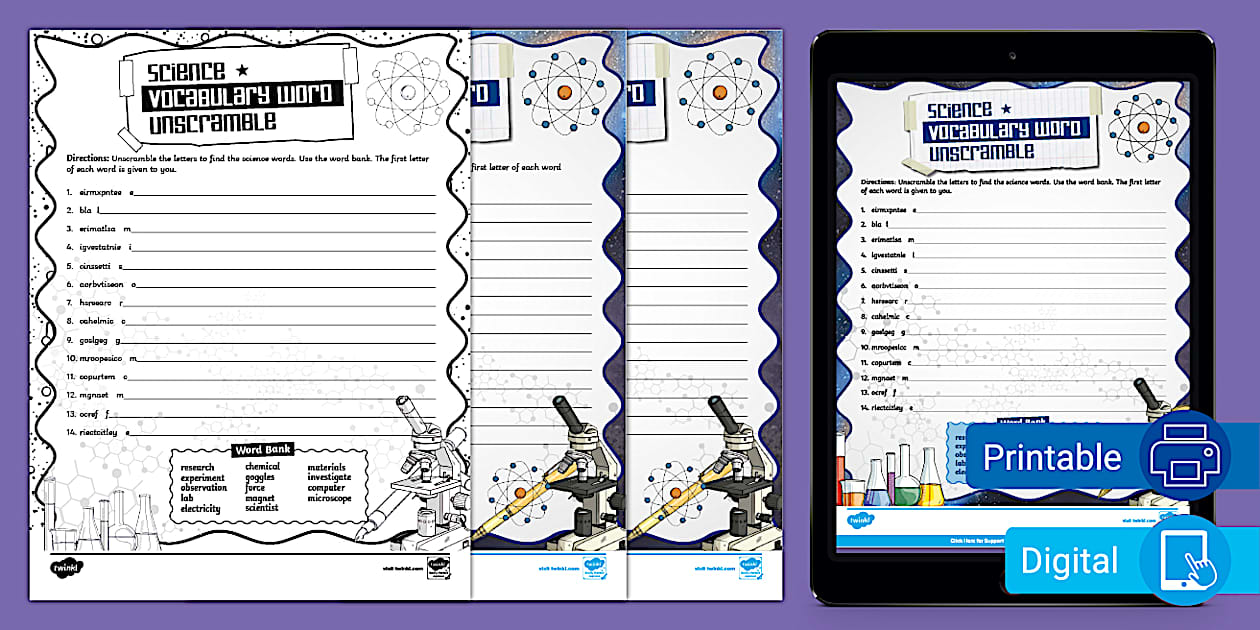 Science Vocabulary Differentiated Word Unscramble - Twinkl