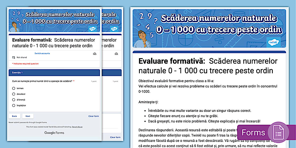 Scăderea 0-1000 cu trecere peste ordin – Evaluare formativă