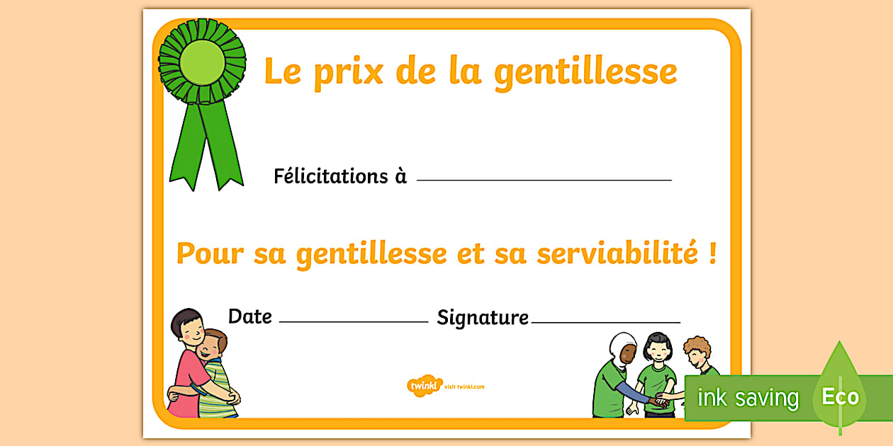 Diplôme de récompense : La gentillesse (teacher made)