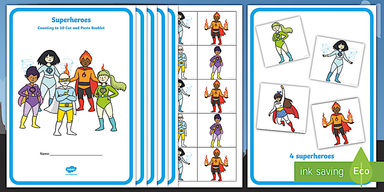 Superheroes Counting to 10 Cut and Paste booklet - Twinkl