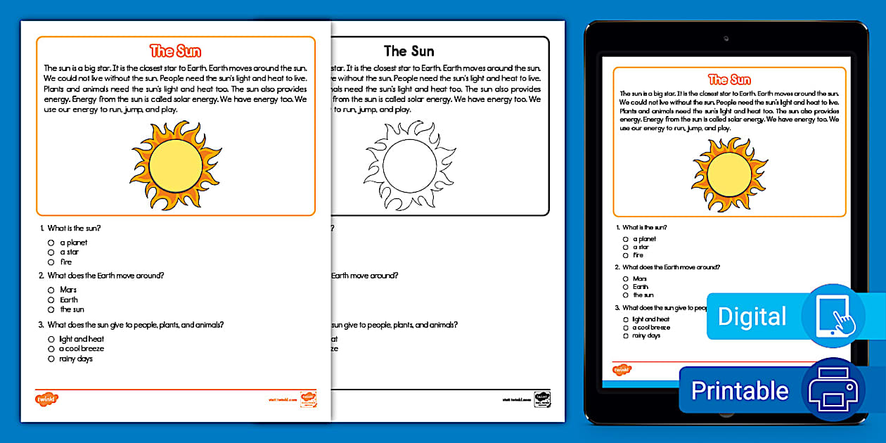 First Grade The Sun Reading Passage Comprehension Worksheet