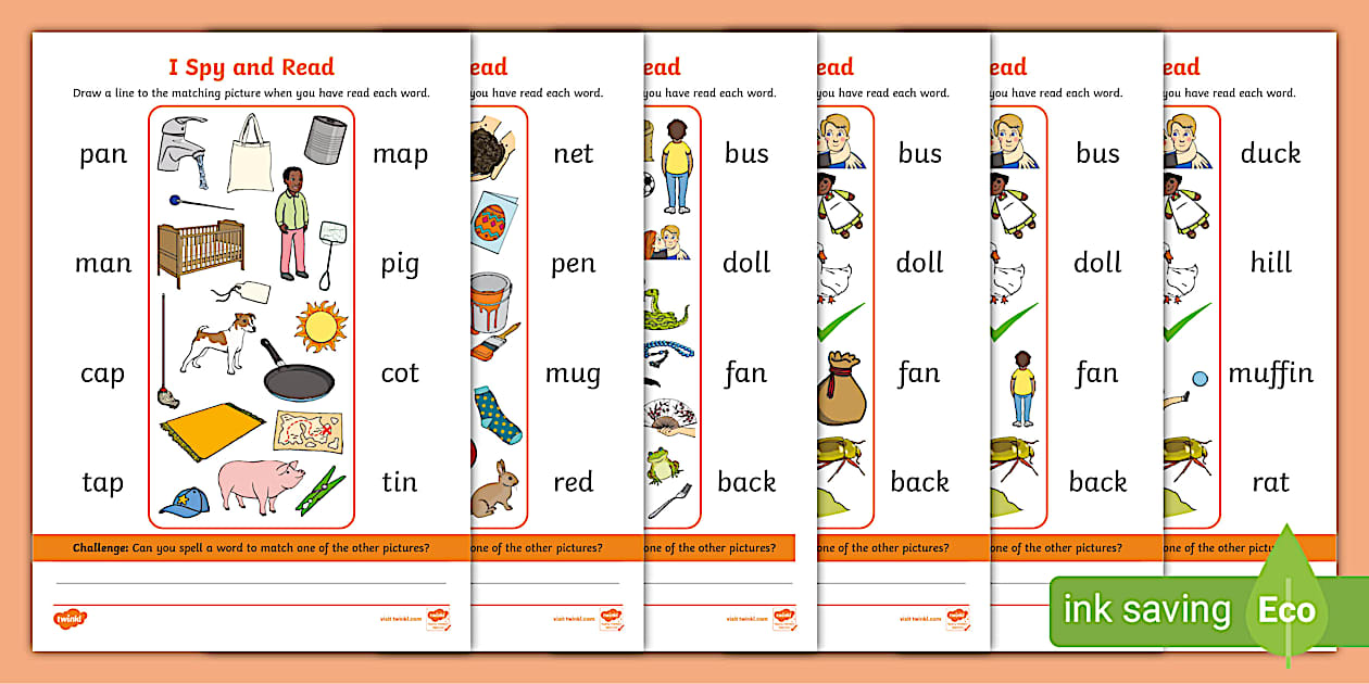 I Spy and Read: Phase 2 Phonics– Picture Reading Worksheets