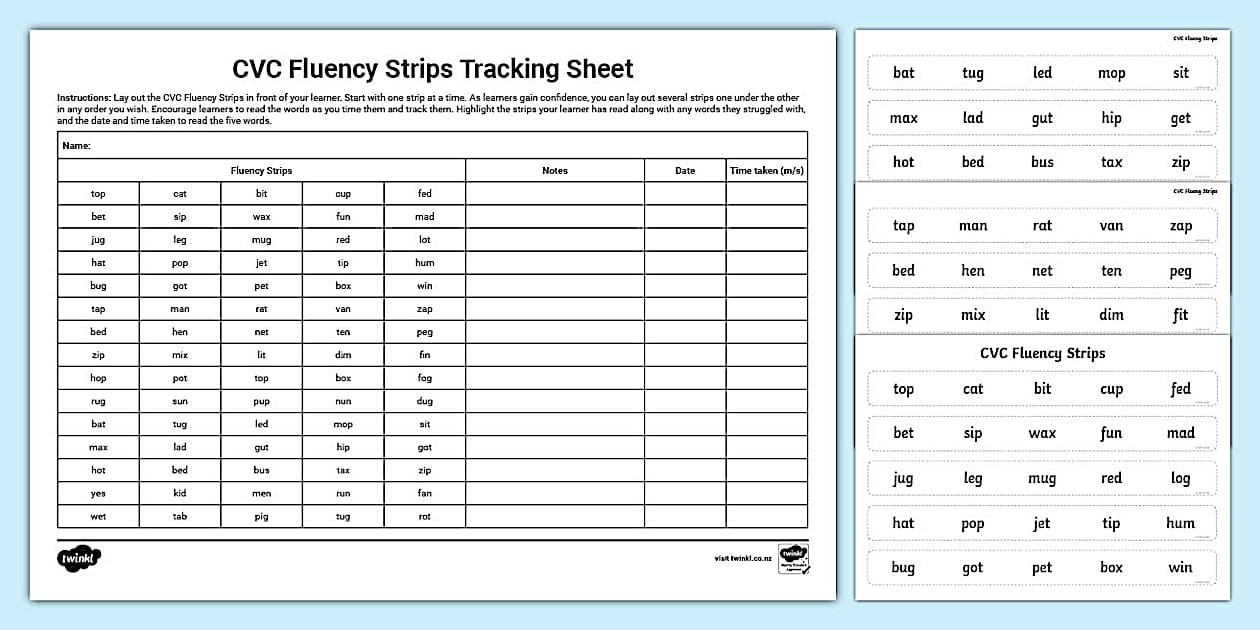 CVC Fluency Strips and Tracking Sheet (teacher made)