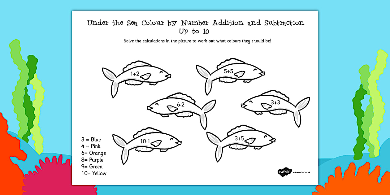 Under the Sea Color by Number Addition and Subtraction Up to 10