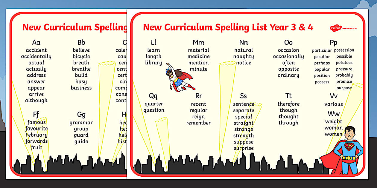 Superhero Themed Spelling List Years 3 and 4 (teacher made)