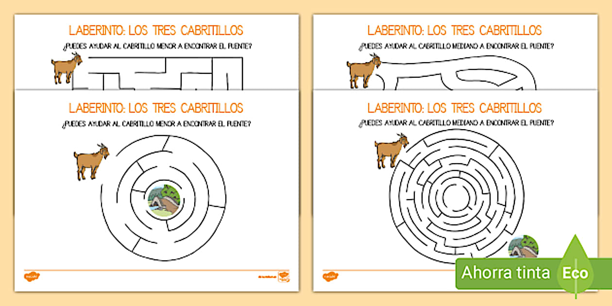 Fichas de actividad: Laberintos - Los tres cabritillos