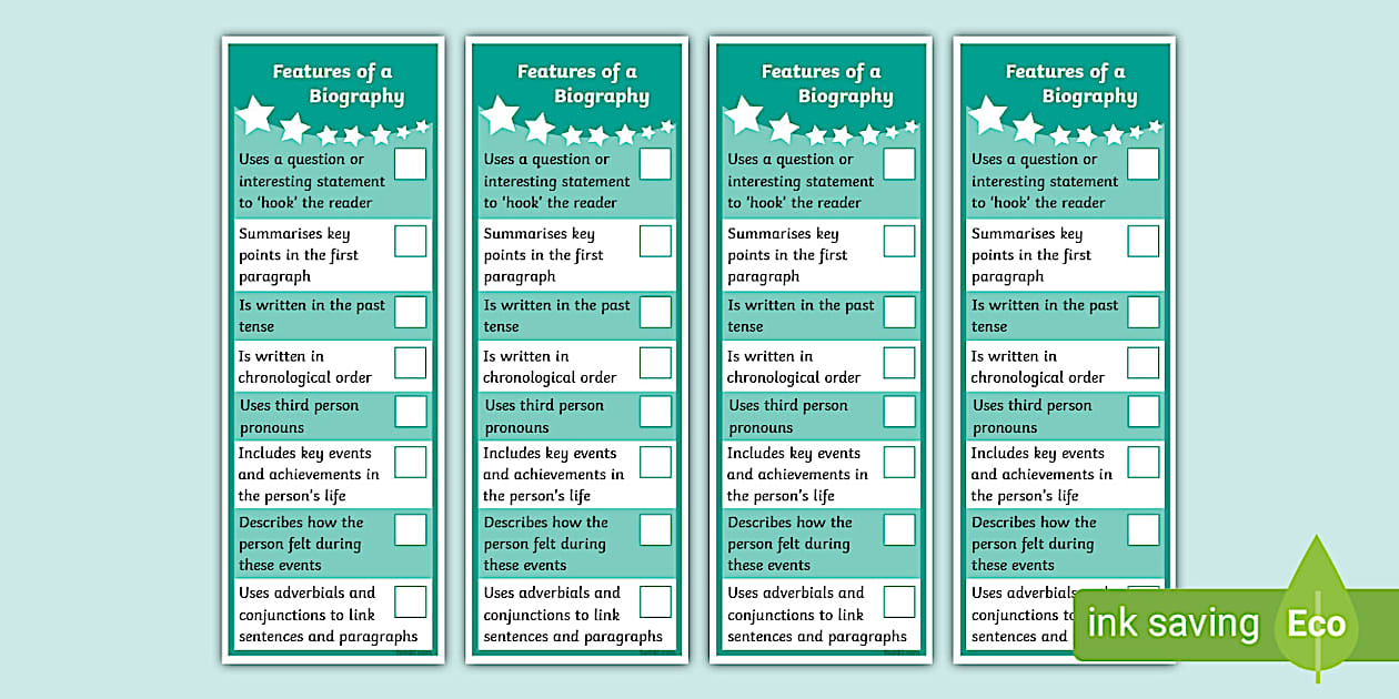 Features of a Biography Checklist Bookmarks (teacher made)