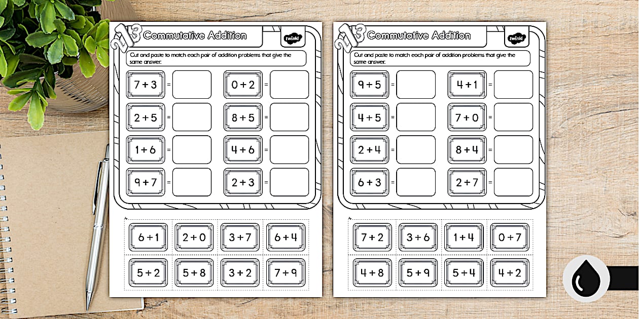 Commutative Addition Cut and Paste Activity Worksheet 2
